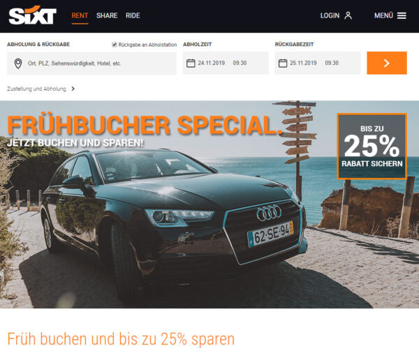 Sixt Autovermietung: 25% Frühbucher-Rabatt! - Tiefpreiswelt